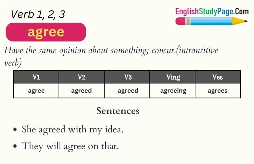 Agree Verb 1 2 3 Past And Past Participle Form Tense Of Agree V1 V2 V3