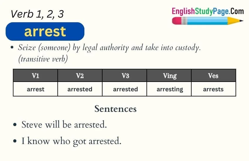 Arrest Verb 1 2 3 Past And Past Participle Form Tense Of Arrest V1 V2 Arrest Verb 1 2 3 Past And Past Participle Form Tense Of Arrest V1 V2