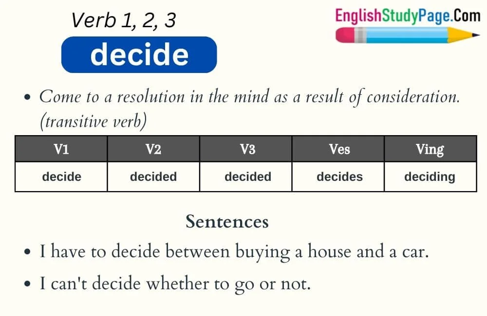 Decide Verb 1 2 3 Past And Past Participle Form Tense Of Decide V1 V2