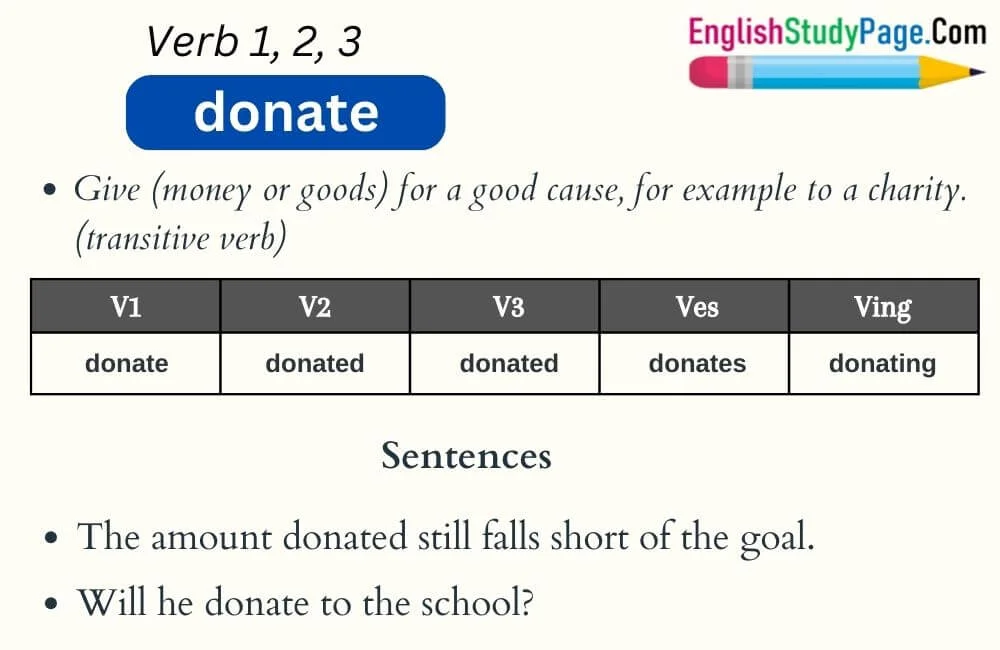 Donate Verb 1 2 3 Past And Past Participle Form Tense Of Donate V1 V2 Donate Verb 1 2 3 Past And Past Participle Form Tense Of Donate V1 V2