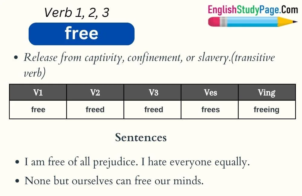 Free Verb 1 2 3 Past And Past Participle Form Tense Of Free V1 V2 V3