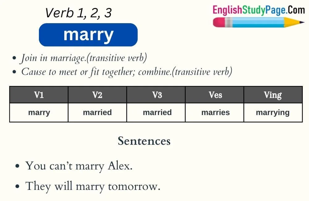 Marry Verb 1 2 3 Past And Past Participle Form Tense Of Marry V1 V2 V3