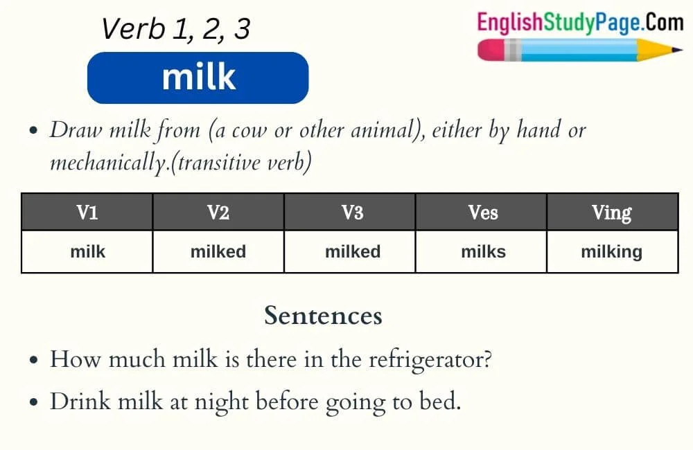 Milk Verb 1 2 3 Past And Past Participle Form Tense Of Milk V1 V2 V3 Milk Verb 1 2 3 Past And Past Participle Form Tense Of Milk V1 V2 V3