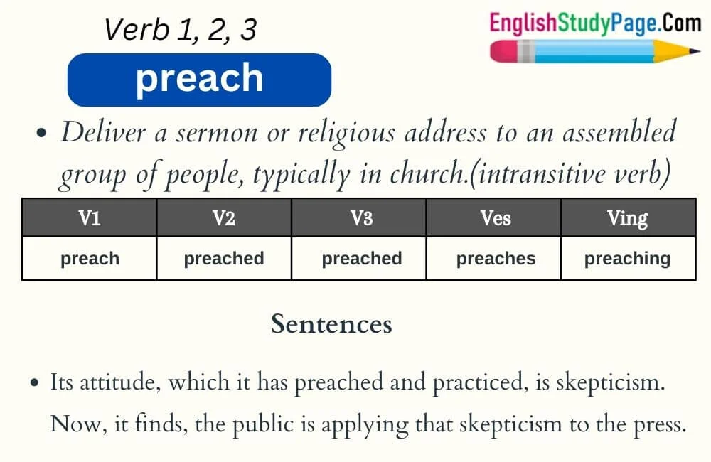 Preach Verb 1 2 3, Past and Past Participle Form Tense of Preach V1 V2 ...