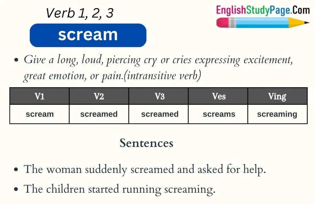 Scream Verb 1 2 3, Past and Past Participle Form Tense of Scream V1 V2 ...